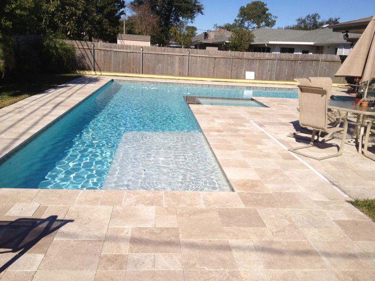 classic travertine french pattern pool tiles and pool coping ...